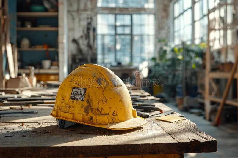 Yellow Hard Hat Rests Wooden Table Sunlit Workshop Filled Tools ...