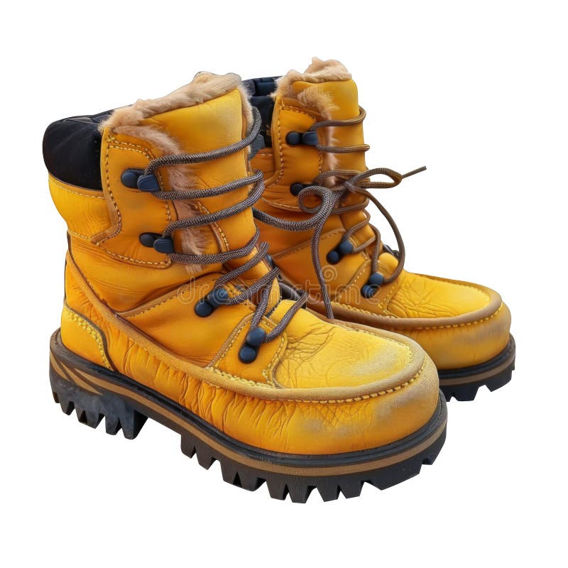 Worn Yellow Leather Boots with Black Laces and Fur Lining Stock Image ...
