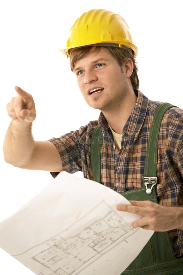 Worried Builder with Floor Plan Stock Photo - Image of floor, cutout ...