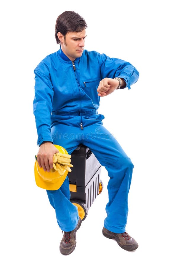 Worried Construction Worker Looking at Watch with Serious Expre Stock ...