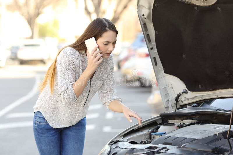 Worried Driver with Car Breakdown Calling Insurance Stock Image - Image ...