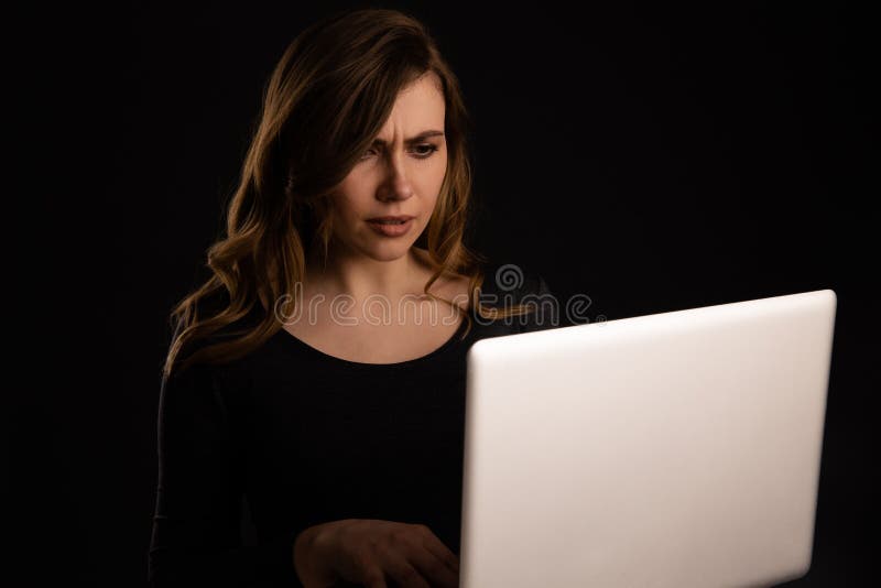 Worried Female with Bad Working Computer Isolated. Stock Image - Image ...