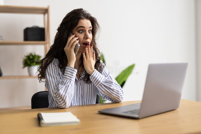 Worried Businesswoman Shocked during Work Calling To Customer Support ...