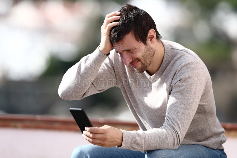 Worried Man Checking Phone after Mistake Outdoors Stock Photo - Image ...