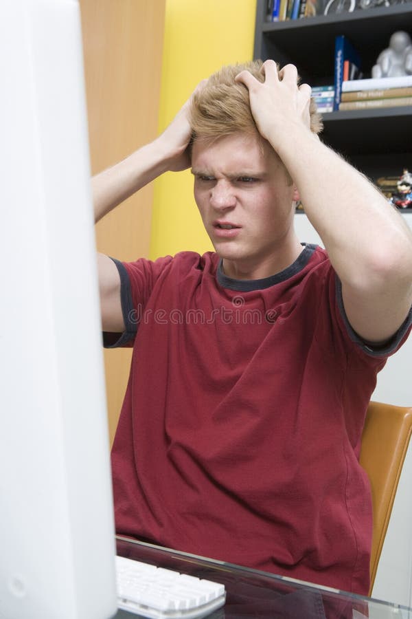 Worried Man at Computer Desk Stock Image - Image of depressed ...