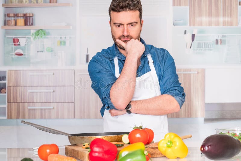 Worried Man before Cooking at Home for Dinner Stock Image - Image of ...