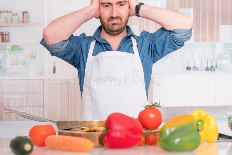Sad and Frustrated Man on Diet Having only Fruit for Meal Stock Photo ...