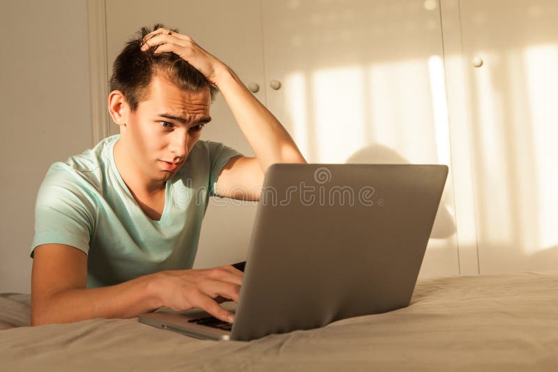 Worried Man in Front of the Laptop at Home. Stock Image - Image of ...
