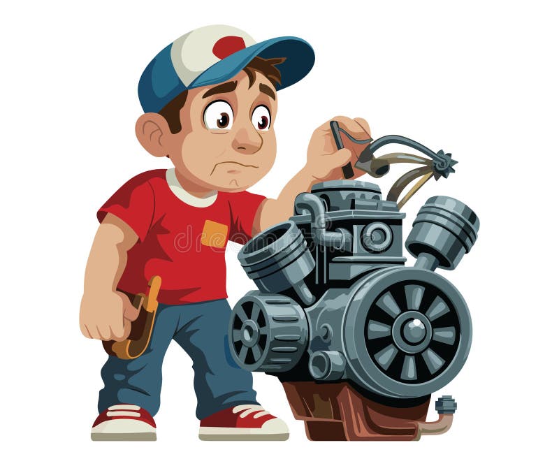 Worried Mechanic Cartoon with Large Engine Vector Stock Vector ...
