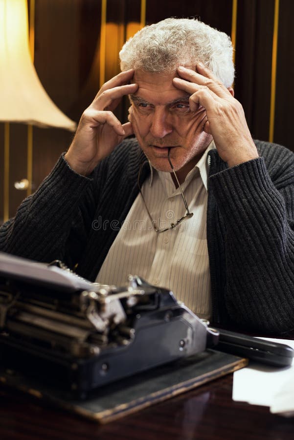 Worried Retro Senior Man Writer Stock Image - Image of journalist, tool ...