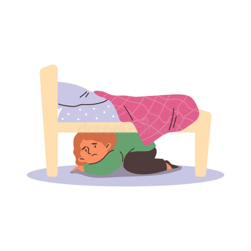 Worried Scared Kid Hiding Under the Bed, Flat Vector Illustration ...