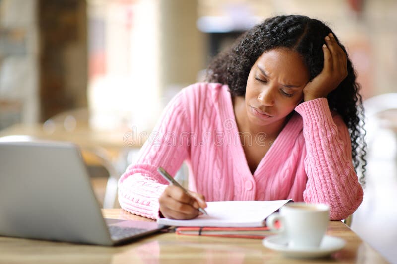 Worried Student Studying in a Restaurant Terrace Stock Image - Image of ...