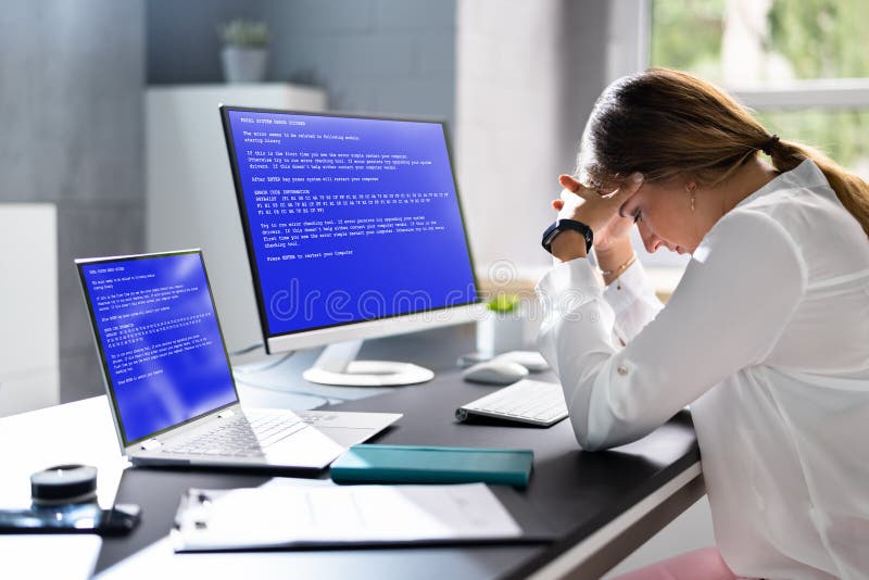 Worried Woman at Computer with System Failure Screen Stock Image ...