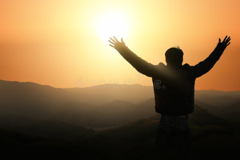 Human Hands Open Palm Up Worship on Sunset Background. Stock Image ...