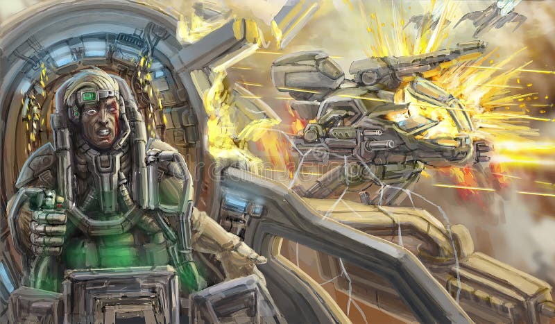 The Wounded Pilot in the Broken Cabin of the Combat Vehicle. Sci Stock ...