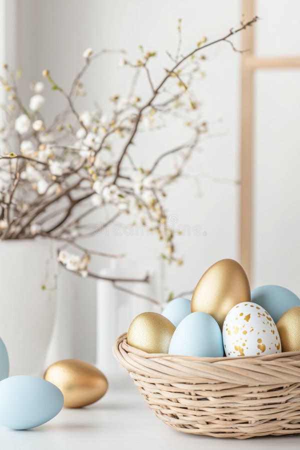 Woven Basket with Blue and Gold Eggs and Flowers on a Rustic Table ...