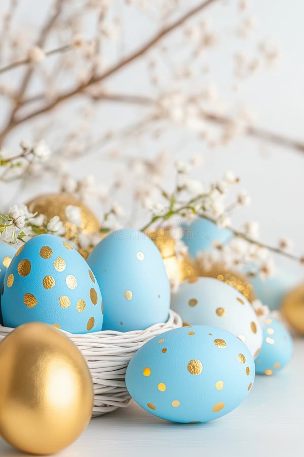 Woven Basket with Blue and Gold Eggs and Flowers on a Rustic Table. Perfect for Easter and ...