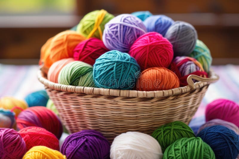 Colorful Yarn Balls on Shelf Above a Knitting Station Stock Photo ...