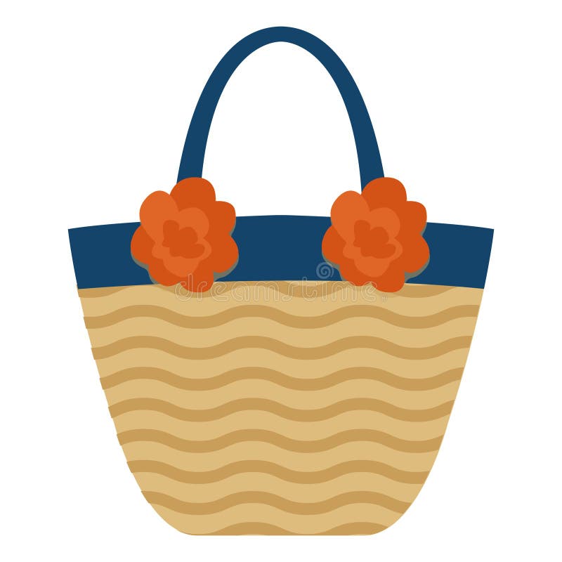 Woven Beach Bag with Blue Strap and Orange Flowers Vector Illustration ...