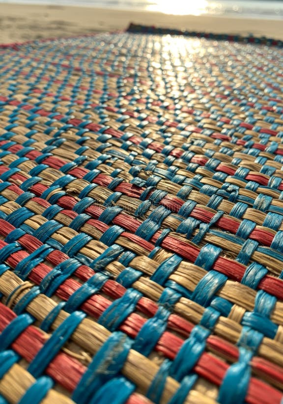 Woven Mat with Red and Blue Stripes on Sandy Beach Stock Photo - Image ...
