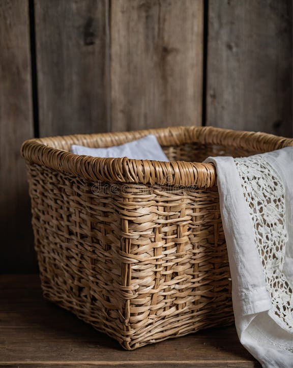 A Woven, Rectangular Basket Sitting on a Wooden Surface Against a ...