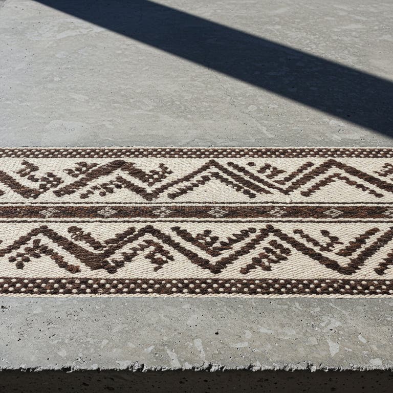 A Woven Rug Features a Geometric Pattern with Zigzag and Linear Designs ...