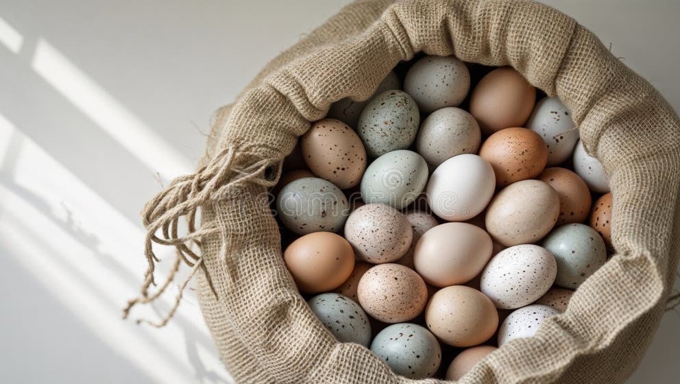 A Woven Sack Filled with Speckled Eggs of Various Sizes Stock Photo ...