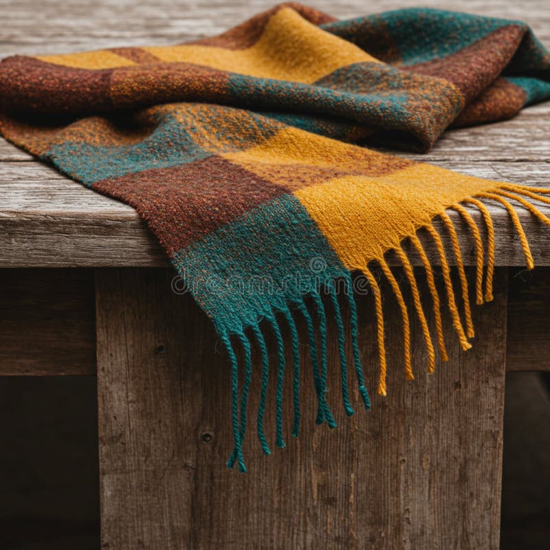 A Woven Scarf with a Checkered Pattern in Mustard Yellow, Brown, and ...
