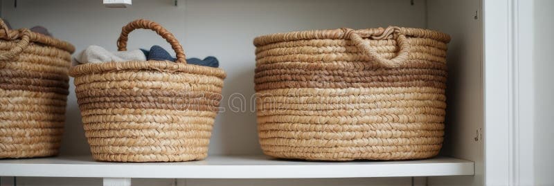 Woven Straw Baskets on Shelf with Various Contents Stock Photo - Image ...