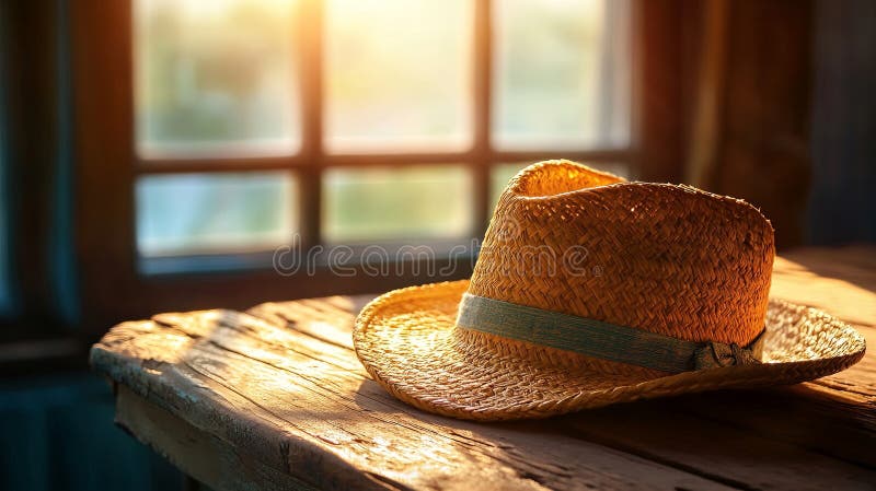 A Woven Straw Hat Resting on a Wooden Table with Sunlight Streaming ...
