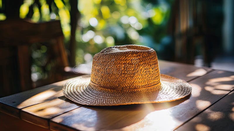 A Woven Straw Hat Resting on a Wooden Table with Sunlight Streaming ...