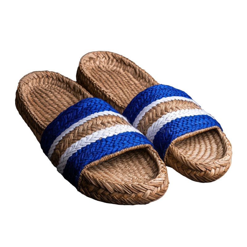Woven Straw Slippers with Striped Blue and White Design on Transparent ...