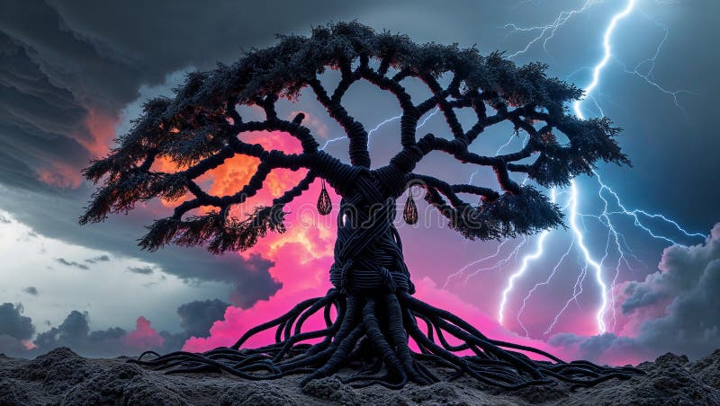 Woven Tree Resisting Lightning Strike Under Dramatic Sky Stock ...