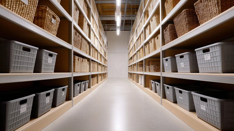 Grey Plastic and Wicker Baskets are Neatly Arranged on Shelves in a ...