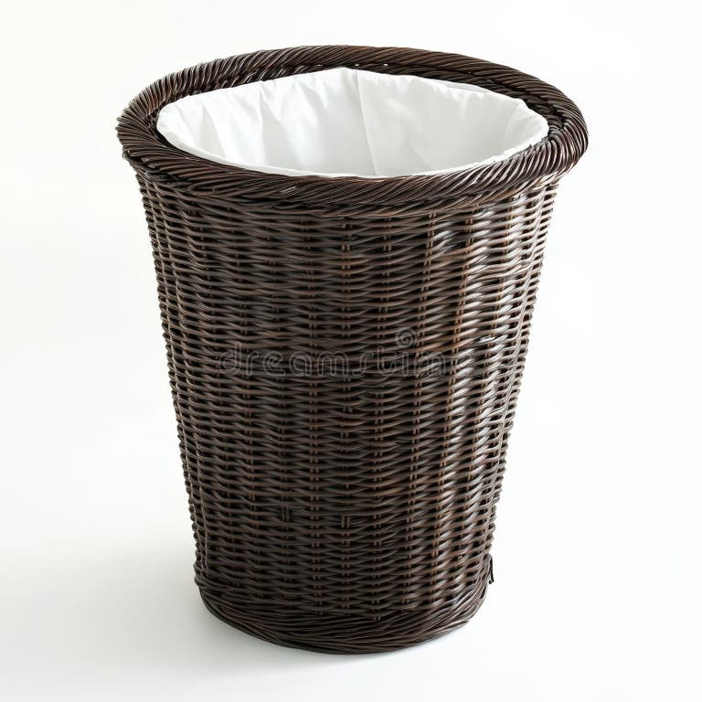 A Woven Wicker Trash Bin with a White Liner, Designed for Waste ...