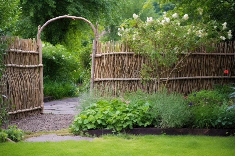 Woven Willow Fence with a Rustic Wooden Gate Stock Image - Image of ...