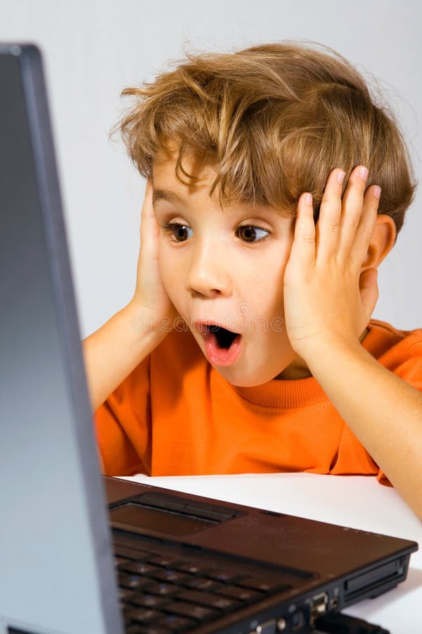 Kids Shocked by Something on Computer Stock Photo - Image of ...