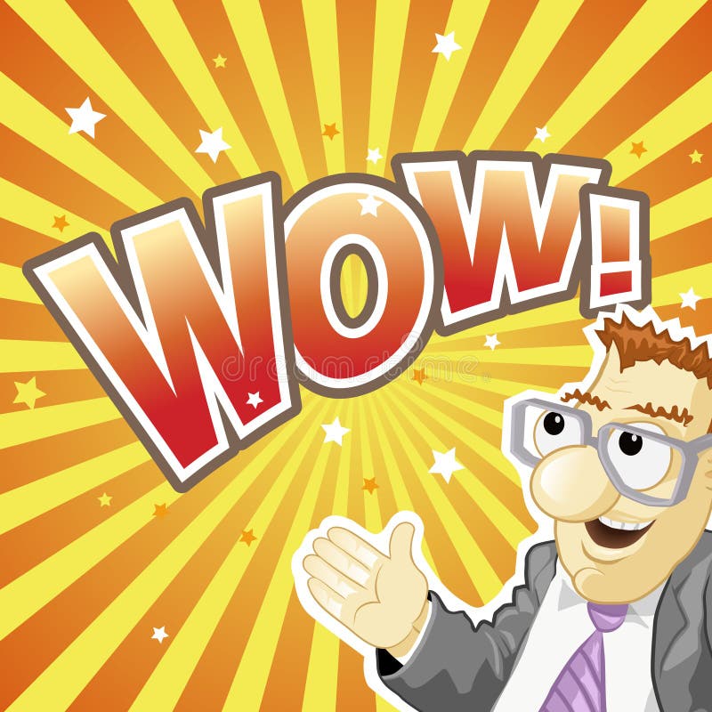 WOW Banner: Funny Surprised Man on the Yellow Rays Background Stock ...