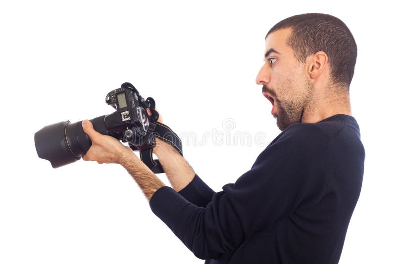 Photographer Looking into Viewfinder of Digital Camera Stand on Tripod ...