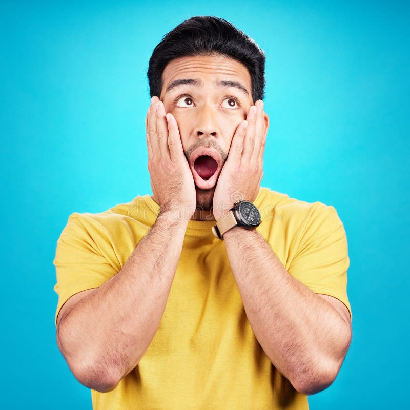 Wow, Shocked and Man with Hands on Face and Mouth Open for Surprise or ... Wow, Shocked and Man with Hands on Face and Mouth Open for Surprise or ...