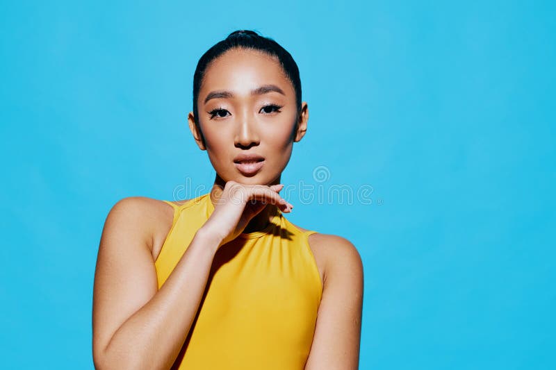 Blue Woman Smile Brunette Cute Surprised Yellow Trendy Fashion Portrait