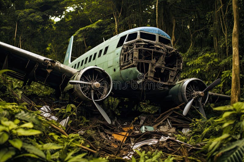 Wracked Old Rusty Airplane Overgrown with Foliage in Jungle Forest ...