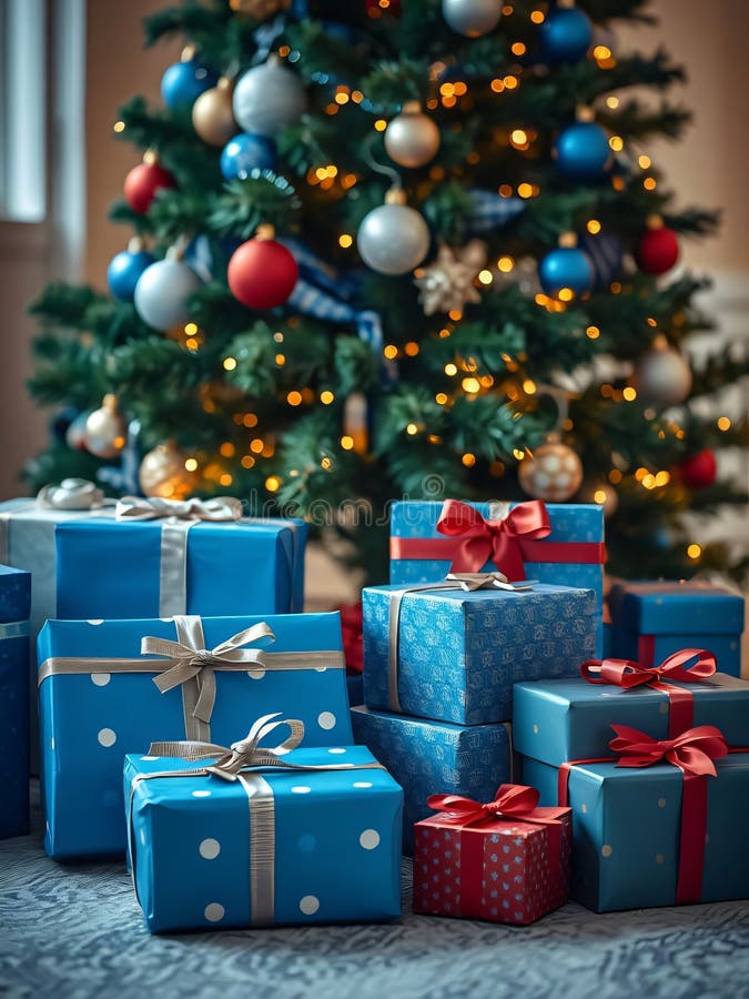Blue Christmas Gift Parcels Under a Tree Decorated with Baubles and ...