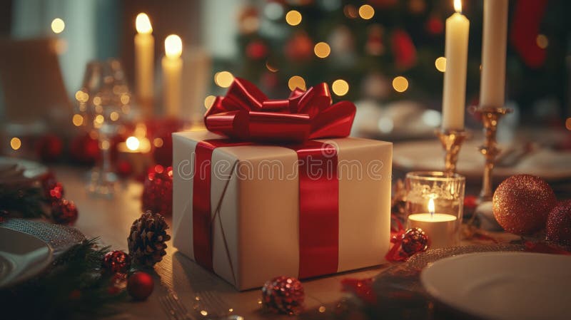 A Wrapped Christmas Gift with Red Ribbon on a Table Setting Stock ...