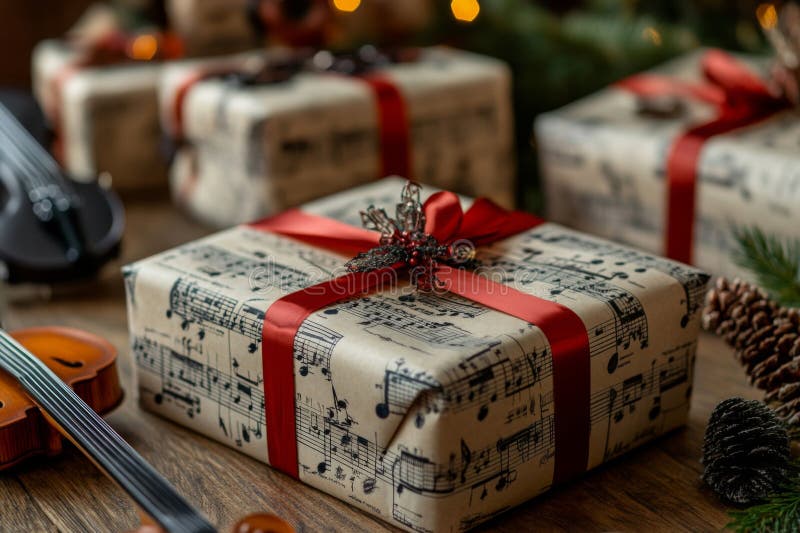 Wrapped Gift Box with Red Ribbon and Music Sheet Paper Stock ...