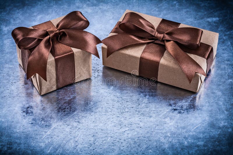 Wrapped Gift Boxes With Brown Ribbon Horizontal Version Holidays Stock ...