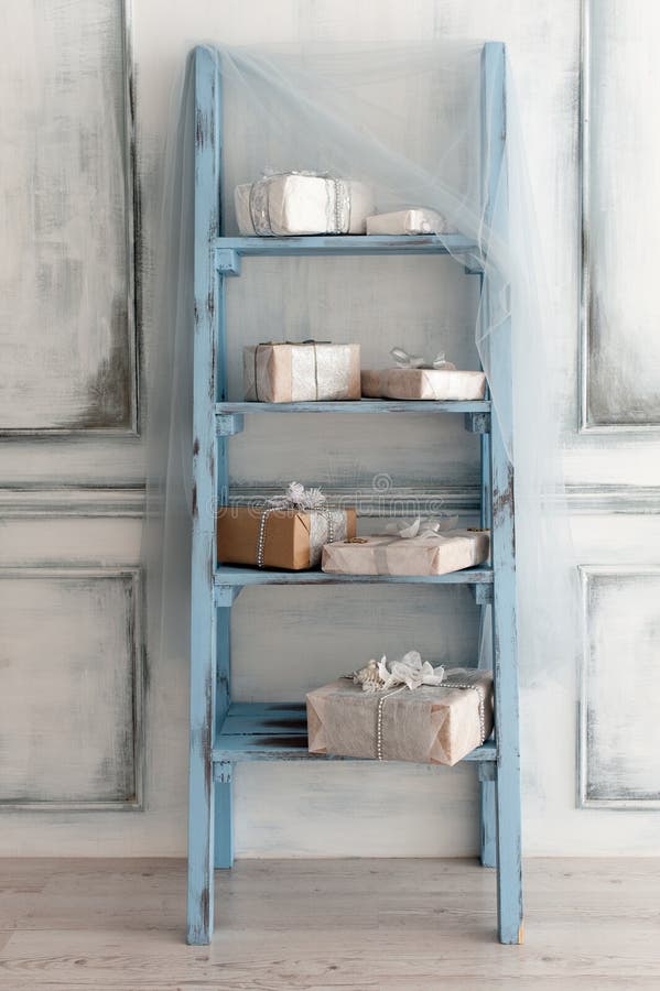 Wrapped Gift Boxes with Silver Christmas Ornaments Stock Image - Image ...