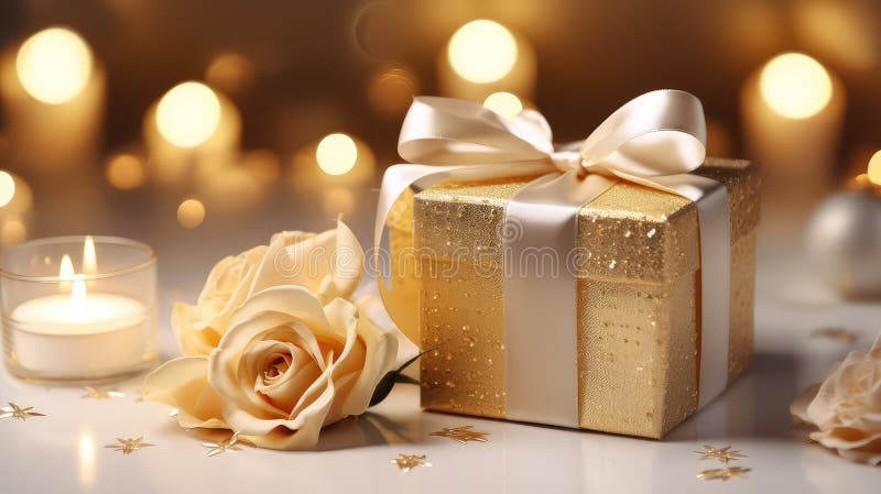 Wrapped gold gift box stock illustration. Illustration of lights ...