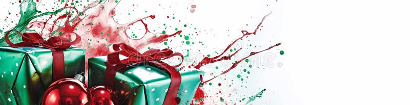 Wrapped Green Christmas Presents with Red Ribbon, Ornaments are ...