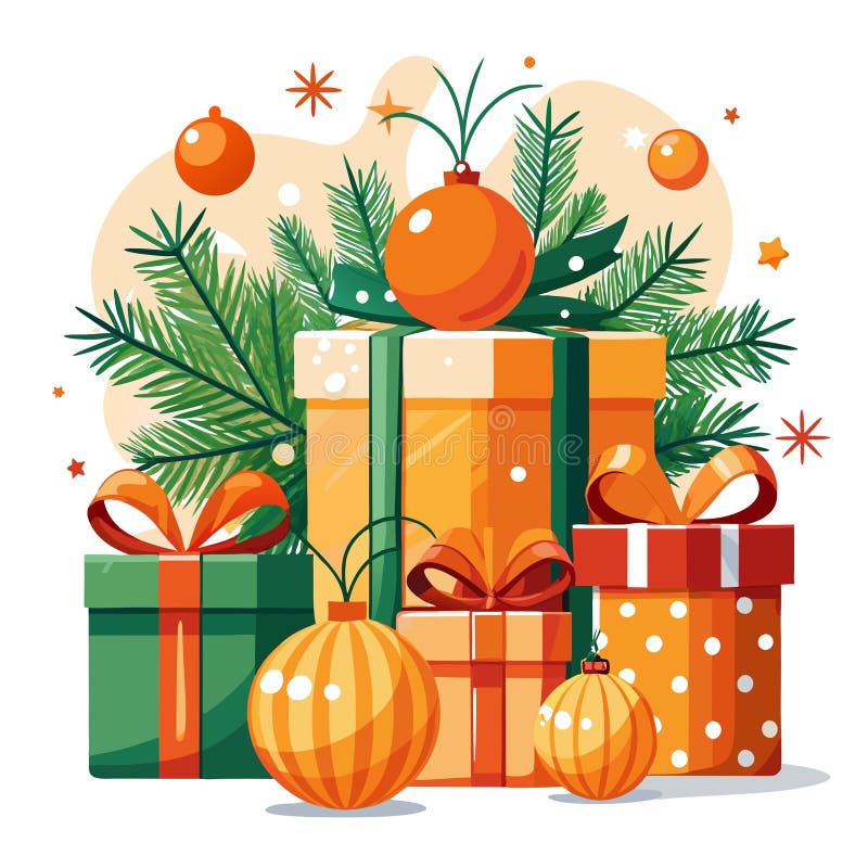 Wrapped Orange Christmas Gift Parcels Under a Tree Decorated with ...